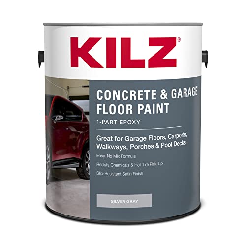 KILZ 1-Part Epoxy Acrylic Concrete and Garage Floor Paint, Interior/Exterior, Satin, Silver Gray, 1 Gallon