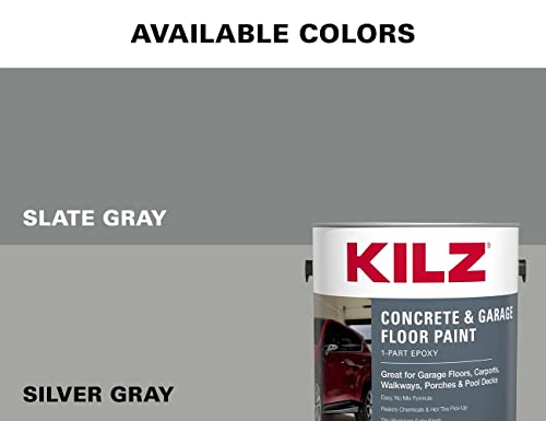 KILZ 1-Part Epoxy Acrylic Concrete and Garage Floor Paint, Interior/Exterior, Satin, Silver Gray, 1 Gallon