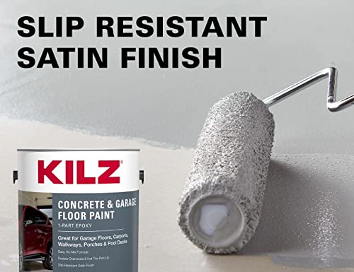 KILZ 1-Part Epoxy Acrylic Concrete and Garage Floor Paint, Interior/Exterior, Satin, Silver Gray, 1 Gallon