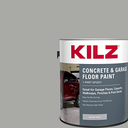 KILZ 1-Part Epoxy Acrylic Concrete and Garage Floor Paint, Interior/Exterior, Satin, Silver Gray, 1 Gallon