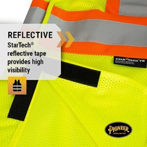 Pioneer High Vis Flame Resistant Vest – For Men and Women - 3 Snap Button Front - Mesh - Reflective Tape - Yellow/Green