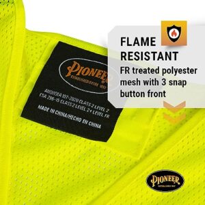 Pioneer High Vis Flame Resistant Vest – For Men and Women - 3 Snap Button Front - Mesh - Reflective Tape - Yellow/Green