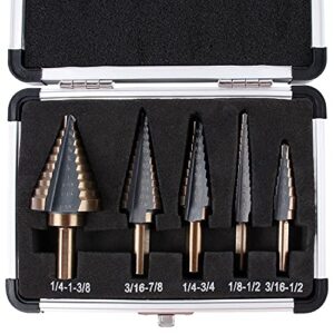 zhushan 5pcs step drill bit set,high speed step drill bit, hss cobalt multiple hole 50 sizes titanium step drill bit with aluminum case