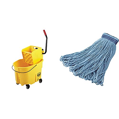 Rubbermaid Commercial Products, WaveBrake - Commercial Industrial Mop Bucket, 35 Quart, Yellow & Rubbermaid Commercial Universal Headband Blend Mop, Blue, Fg23800Bl00