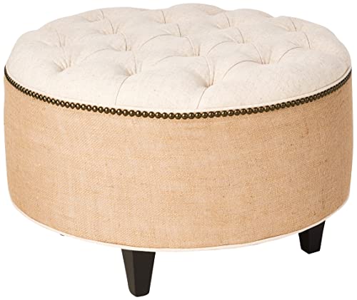 Tufted Round Ottoman, 30" Linen and Burlap