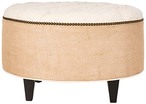 Tufted Round Ottoman, 30" Linen and Burlap