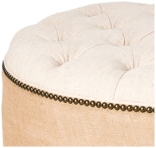 Tufted Round Ottoman, 30" Linen and Burlap