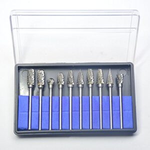 KOTVTM Double Cut Carbide Rotary Burr Set - 10 pcs 1/8" (3mm) Shank, 1/4" (6mm) Head Length Tungsten Steel Carbide Rotary Files Diamond Burrs Set for Woodworking,Drilling, Engraving, Polishing…