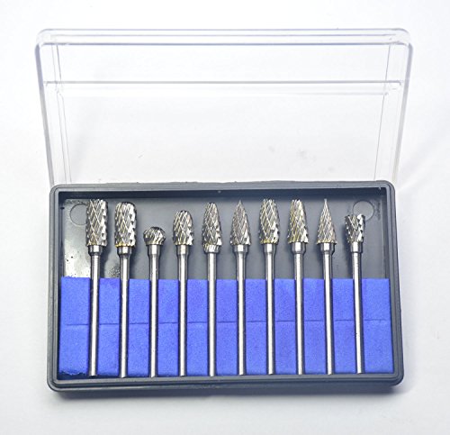 KOTVTM Double Cut Carbide Rotary Burr Set - 10 pcs 1/8" (3mm) Shank, 1/4" (6mm) Head Length Tungsten Steel Carbide Rotary Files Diamond Burrs Set for Woodworking,Drilling, Engraving, Polishing…