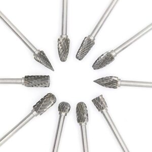 KOTVTM Double Cut Carbide Rotary Burr Set - 10 pcs 1/8" (3mm) Shank, 1/4" (6mm) Head Length Tungsten Steel Carbide Rotary Files Diamond Burrs Set for Woodworking,Drilling, Engraving, Polishing…