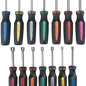 14 Piece SAE and Metric Professional Automotive Nut Driver Set Color Coded Nonslip TPR Hand Grips and 3-inch Hollow Shaft