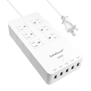 zettaguard zg650 wht mini 6-outlet travel power strip/surge protector usb charger & 5' power cord, white