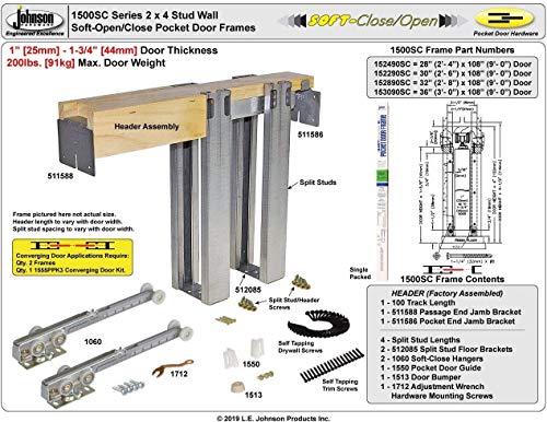 Johnson Hardware 153068SC 1500 Series Soft Close Series Commercial Grade Pocket Door Frame for 2x4 Stud Wall (36 inch x 80 inch)