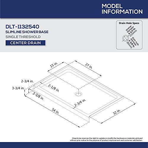 DreamLine SlimLine 32 in. D x 54 in. W x 2 3/4 in. H Center Drain Single Threshold Shower Base in White, DLT-1132540