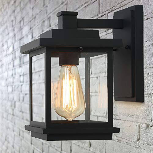 LALUZ Rectangle Porch Lights Outdoor, A03156 Farmhouse Weather-Proof Exterior Light Fixture with Clear Glass, Anti-Rust Outdoor Wall Lantern in Matte Black Finish for Front Door, Patio, Yards, Garage