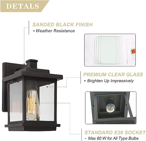 LALUZ Rectangle Porch Lights Outdoor, A03156 Farmhouse Weather-Proof Exterior Light Fixture with Clear Glass, Anti-Rust Outdoor Wall Lantern in Matte Black Finish for Front Door, Patio, Yards, Garage