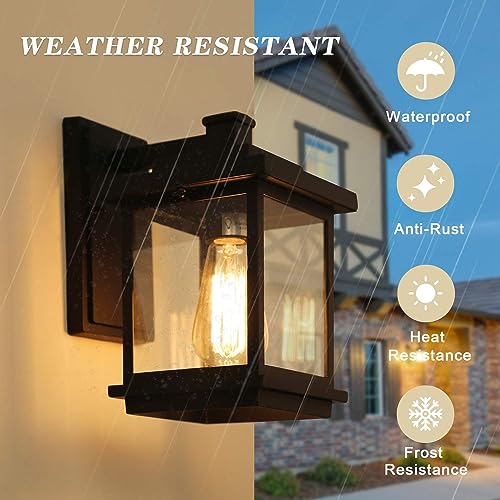 LALUZ Rectangle Porch Lights Outdoor, A03156 Farmhouse Weather-Proof Exterior Light Fixture with Clear Glass, Anti-Rust Outdoor Wall Lantern in Matte Black Finish for Front Door, Patio, Yards, Garage