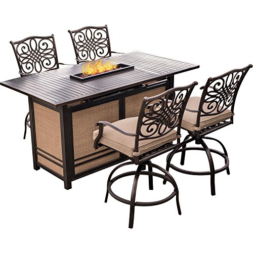 Hanover Traditions 5-Piece High-Dining Patio Set with 4 Tall Counter-Height Swivel Chairs and Rust-Free Aluminum Slat 30,000 BTU Rectangular Fire Pit Table, Modern Weather Resistant Outdoor Furniture