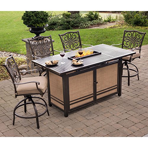 Hanover Traditions 5-Piece High-Dining Patio Set with 4 Tall Counter-Height Swivel Chairs and Rust-Free Aluminum Slat 30,000 BTU Rectangular Fire Pit Table, Modern Weather Resistant Outdoor Furniture