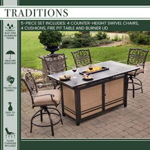 Hanover Traditions 5-Piece High-Dining Patio Set with 4 Tall Counter-Height Swivel Chairs and Rust-Free Aluminum Slat 30,000 BTU Rectangular Fire Pit Table, Modern Weather Resistant Outdoor Furniture