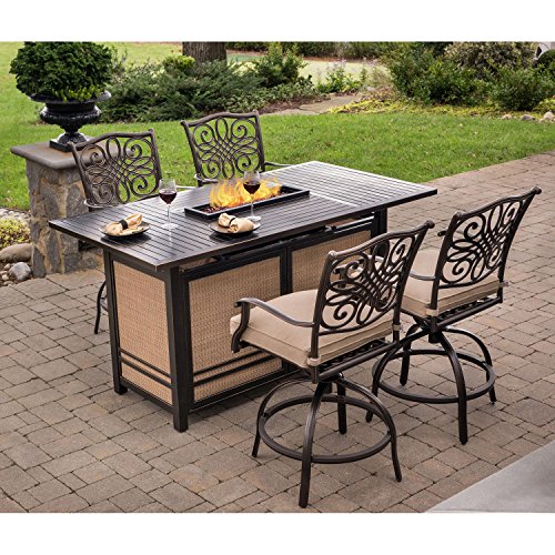 Hanover Traditions 5-Piece High-Dining Patio Set with 4 Tall Counter-Height Swivel Chairs and Rust-Free Aluminum Slat 30,000 BTU Rectangular Fire Pit Table, Modern Weather Resistant Outdoor Furniture