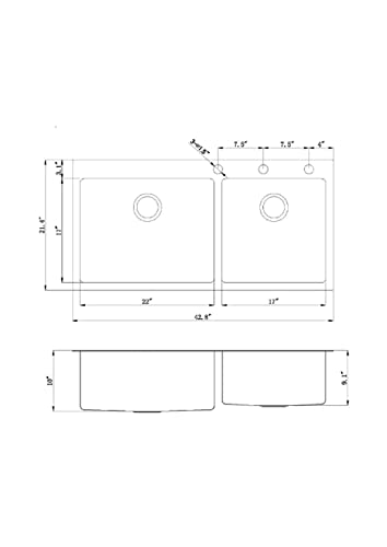 43 Inch Drop In Topmount Stainless Steel Super Sized Kitchen Sink 16 Gauge Double Bowl Basin w/ 9 Gauge Deck - Complete Sink Pack