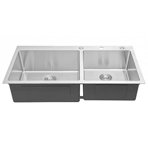 43 Inch Drop In Topmount Stainless Steel Super Sized Kitchen Sink 16 Gauge Double Bowl Basin w/ 9 Gauge Deck - Complete Sink Pack