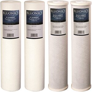 bluonics sediment & carbon block water filters 4pcs 4.5" x 20" (5micron) whole house cartridges