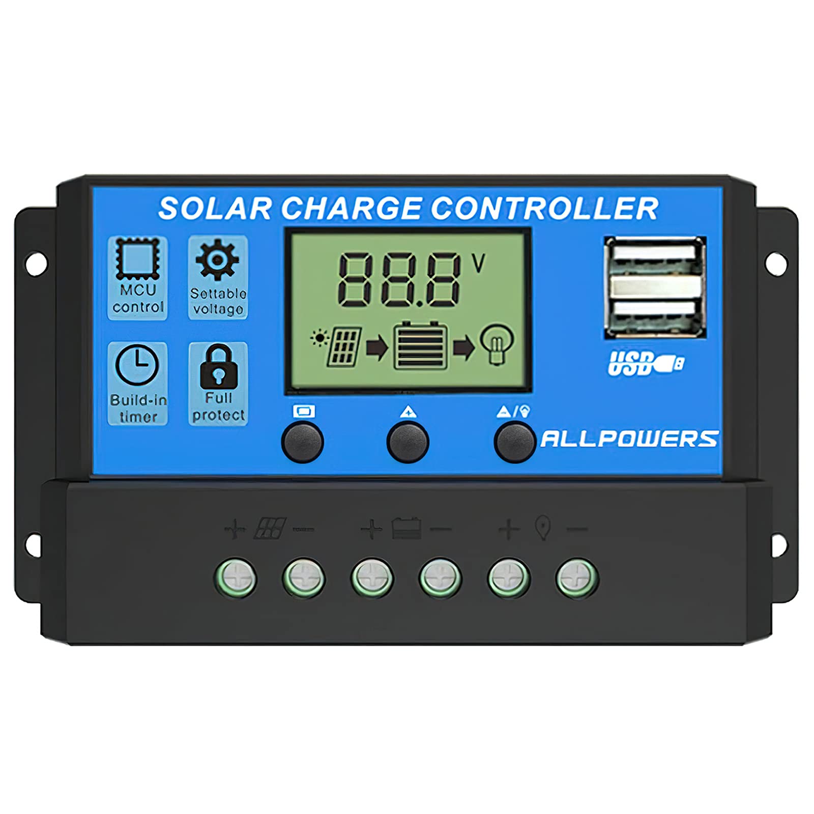 ALLPOWERS 20A Solar Charger Controller Solar Panel Battery Intelligent Regulator with USB Port Display 12V/24V