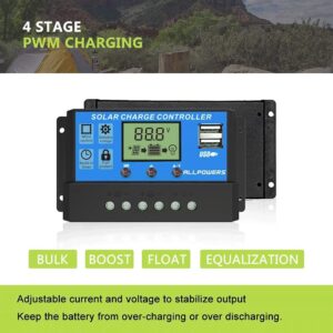 ALLPOWERS 20A Solar Charger Controller Solar Panel Battery Intelligent Regulator with USB Port Display 12V/24V