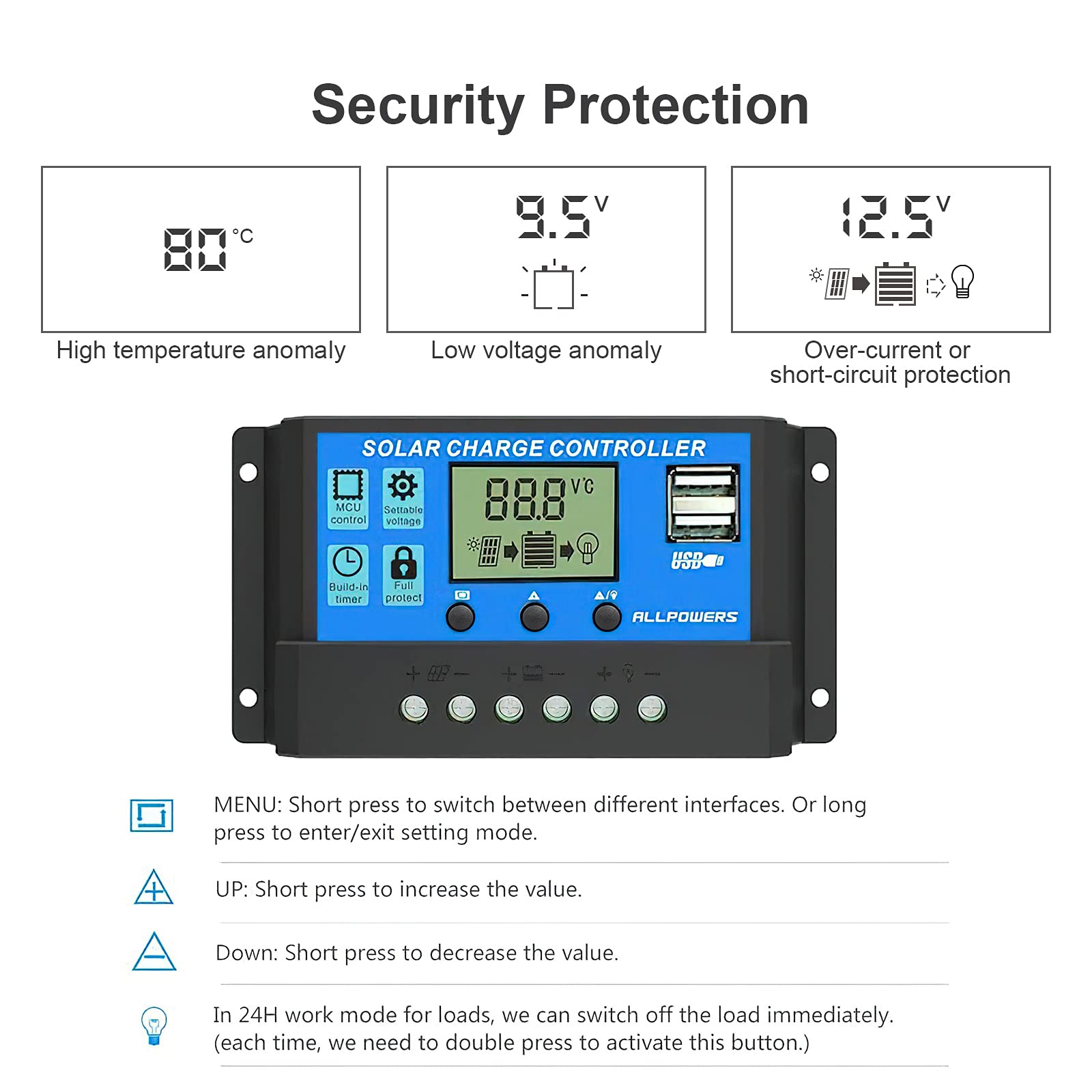 ALLPOWERS 20A Solar Charger Controller Solar Panel Battery Intelligent Regulator with USB Port Display 12V/24V