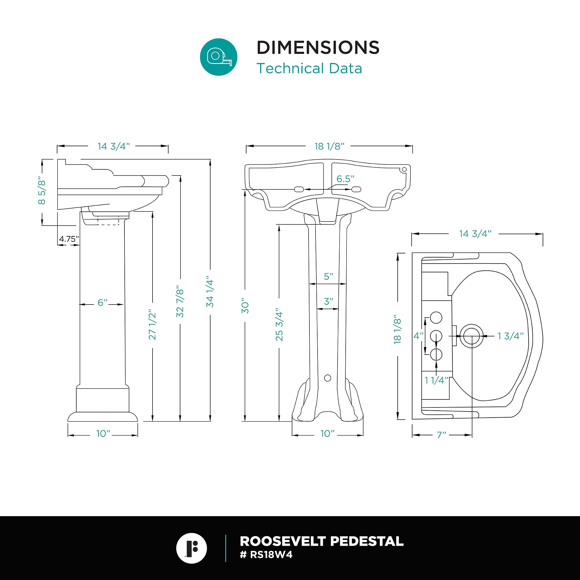 Fine Fixtures, Roosevelt White Pedestal Sink - 18 Inch Vitreous China Ceramic Material (4 Inch Faucet Spread hole)