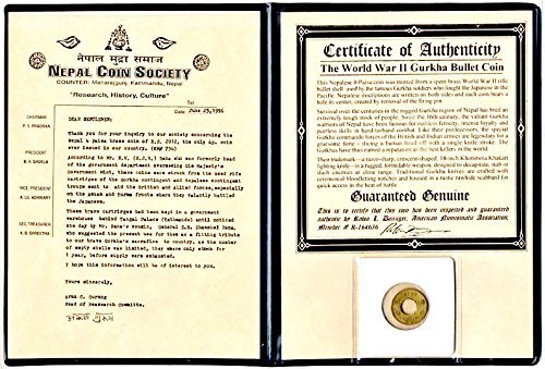 1952 NP World War II Nepal Gurkha Bullet Coin 4 Paisa Made From Spent WWii Gurkha Regiment Bullet Casing With Primer Punched Out,Album & Certificate 18mm Very Good