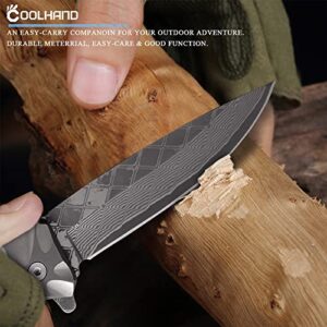 Cool Hand 4.6'' Damascus Steel Folding Knife, Titanium Frame Lock Knives w/ 3'' VG10 Damascus Steel Blade, Textured TC4 Titanium Handle and Clip, Great EDC Gentlemen Knife