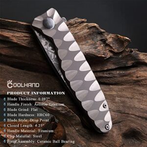 Cool Hand 4.6'' Damascus Steel Folding Knife, Titanium Frame Lock Knives w/ 3'' VG10 Damascus Steel Blade, Textured TC4 Titanium Handle and Clip, Great EDC Gentlemen Knife