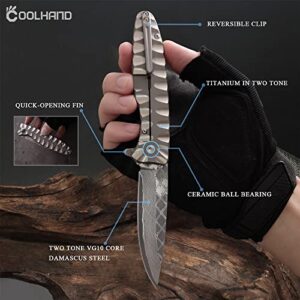 Cool Hand 4.6'' Damascus Steel Folding Knife, Titanium Frame Lock Knives w/ 3'' VG10 Damascus Steel Blade, Textured TC4 Titanium Handle and Clip, Great EDC Gentlemen Knife