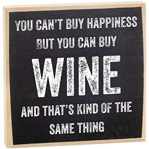 Can't Buy Happiness, Wine - Homey Feel Rustic Wooden Sign - Perfect for Farmhouse Kitchen, Dining Room, Bar House Decoration, Great Git for Wine Lovers, Black and White Print