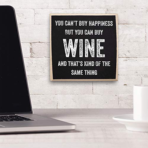 Can't Buy Happiness, Wine - Homey Feel Rustic Wooden Sign - Perfect for Farmhouse Kitchen, Dining Room, Bar House Decoration, Great Git for Wine Lovers, Black and White Print