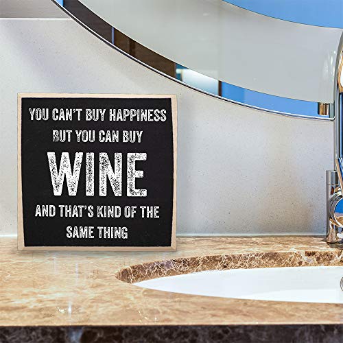 Can't Buy Happiness, Wine - Homey Feel Rustic Wooden Sign - Perfect for Farmhouse Kitchen, Dining Room, Bar House Decoration, Great Git for Wine Lovers, Black and White Print