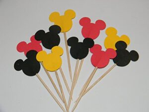 24 mickey mouse inspired red, black and yellow colored cupcake toppers food picks birthday party décor shower supplies