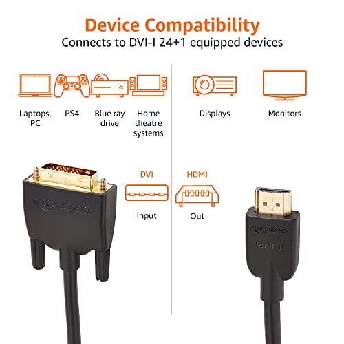 Amazon Basics HDMI to DVI Adapter Cable, Bi-Directional 1080p, Gold Plated, Black, 6 Feet, 24-Pack