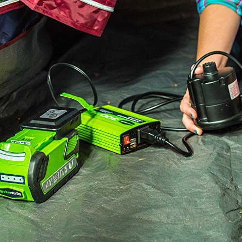 Greenworks 40V 300W Cordless Power Inverter, Sine Wave Inverter with 2 USB Ports and AC Port, IV40A00