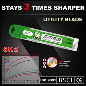 Kutir Box Cutter Utility Knife Replacement Blades (Pack of 10) - Heavy Duty SK2 Metal 18mm Snap-Off Blade - For Retractable Utility Knives - Stays Sharp 3X Long - Suitable for Cardboard, Carpet, Rope