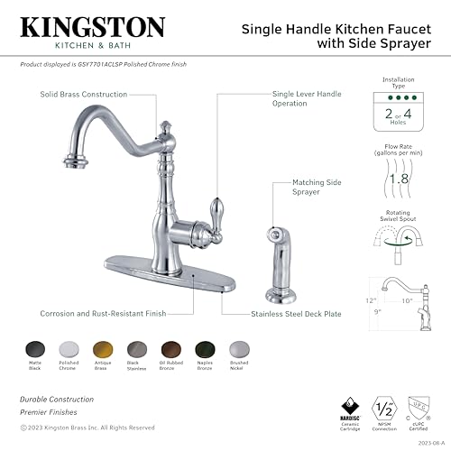 Kingston Brass GSY7701ACLSP American Classic Kitchen Faucet with Sprayer and Deck Plate, 9-7/16", Polished Chrome