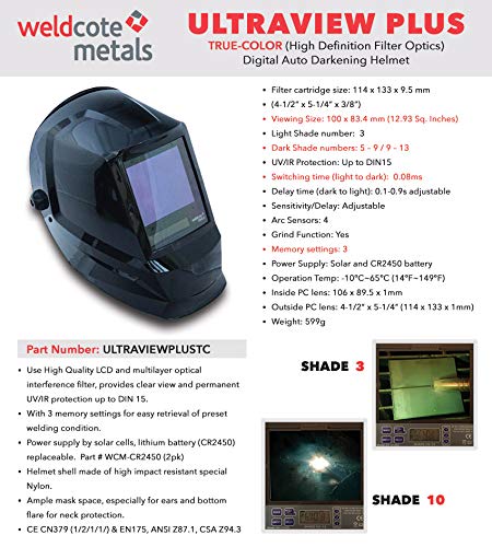 Weldcote Metals Ultraview Plus True Color Digital Auto Darkening Welding Helmet Shade 9-13, Black