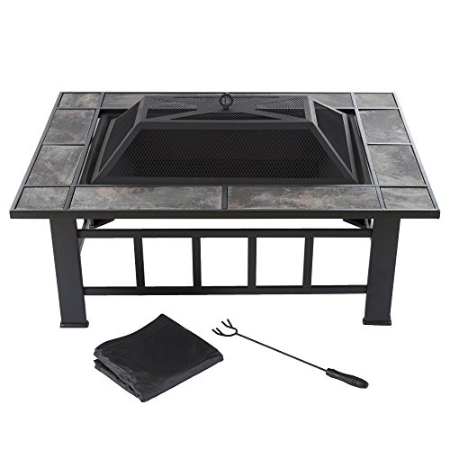 Fire Pit Set, Wood Burning Pit -Includes Screen, Cover and Log Poker- Great for Outdoor and Patio, 37” Marble Tile Rectangular Firepit by Pure Garden