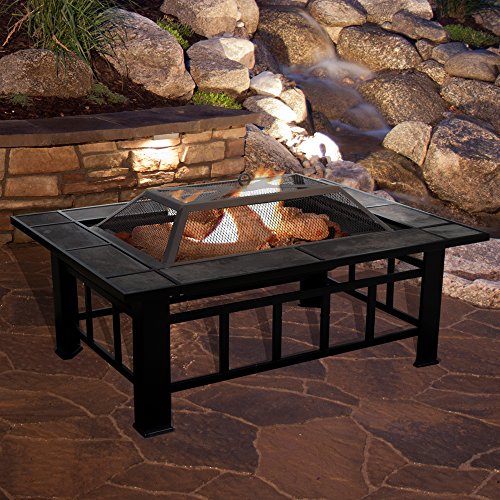 Fire Pit Set, Wood Burning Pit -Includes Screen, Cover and Log Poker- Great for Outdoor and Patio, 37” Marble Tile Rectangular Firepit by Pure Garden