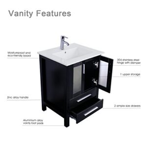 eclife 24" Modern Bathroom Vanity Sink Combo with Overflow Ceramic Sink Top & MDF Stand Bathroom Cabinet & Chrome Solid Grass Faucet and Pop Up Drain Vanity Mirror (A08B03)