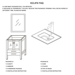 eclife 24" Modern Bathroom Vanity Sink Combo with Overflow Ceramic Sink Top & MDF Stand Bathroom Cabinet & Chrome Solid Grass Faucet and Pop Up Drain Vanity Mirror (A08B03)