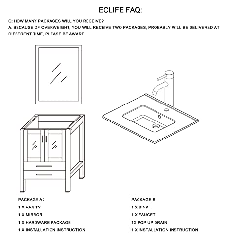 eclife 24" Modern Bathroom Vanity Sink Combo with Overflow Ceramic Sink Top & MDF Stand Bathroom Cabinet & Chrome Solid Grass Faucet and Pop Up Drain Vanity Mirror (A08B03)